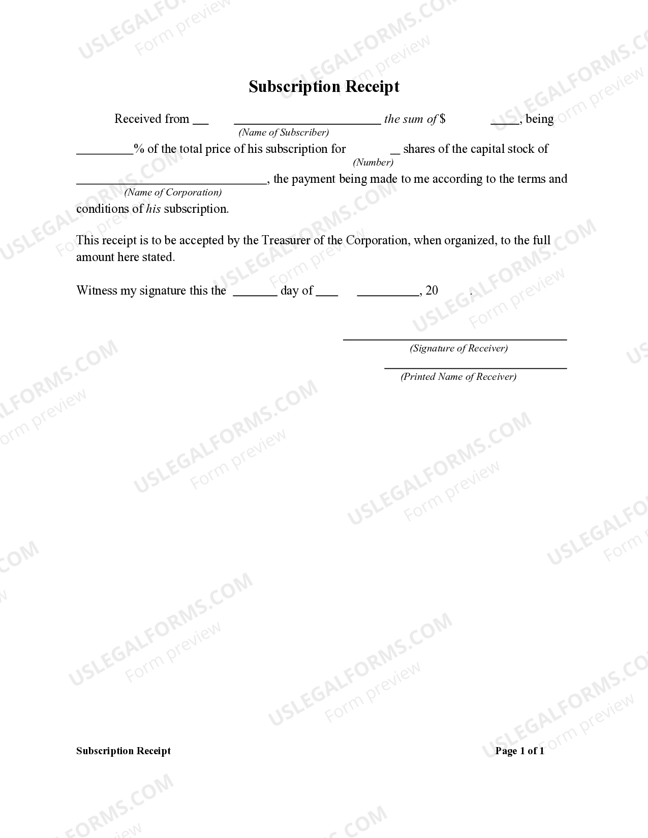 Florida Subscription Receipt | US Legal Forms