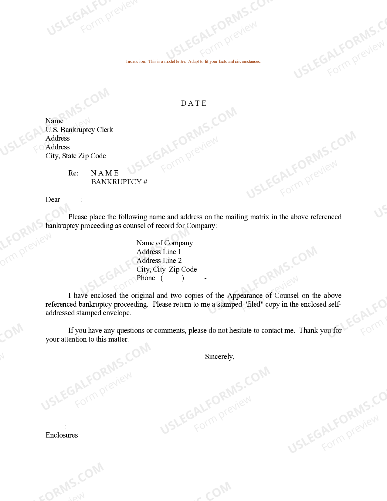 Sample Letter for Mailing Matrix - Mailing Matrix | US Legal Forms