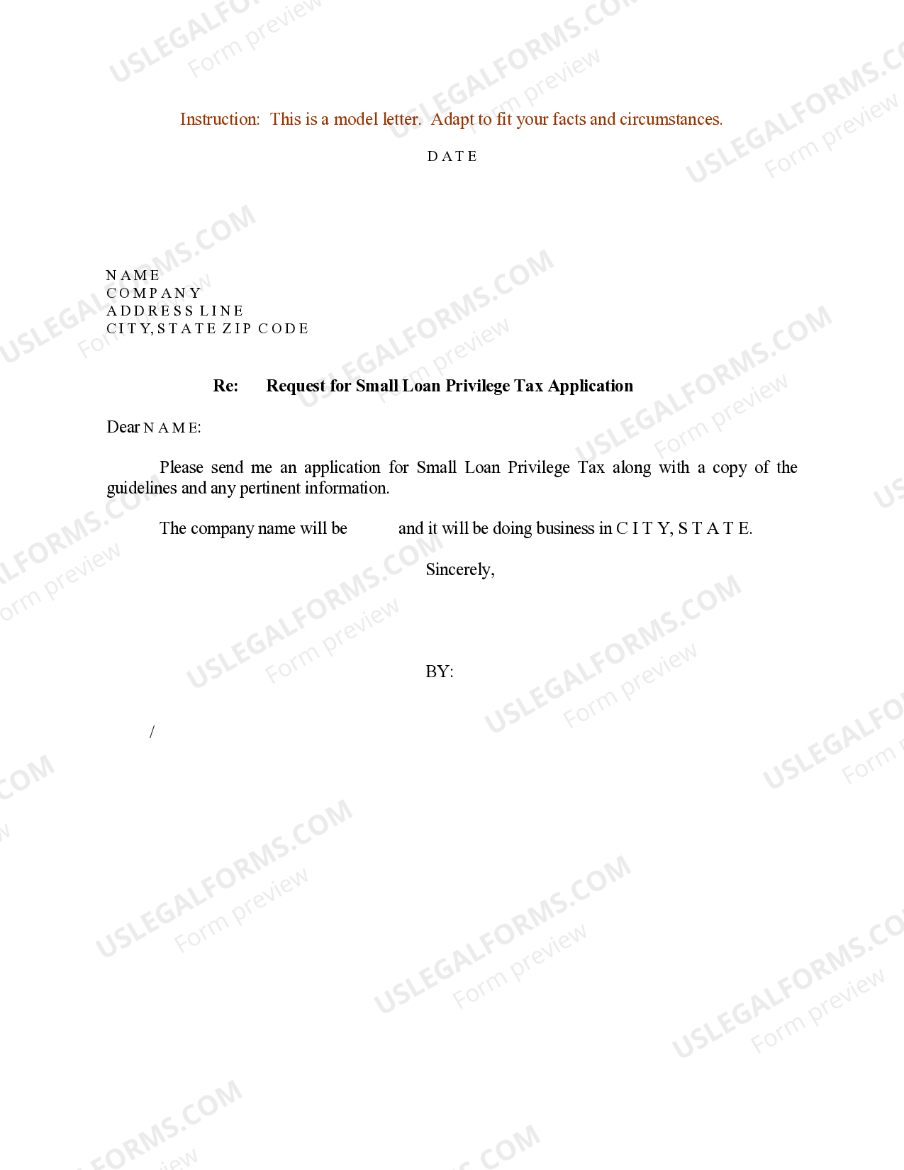 Illinois Sample Letter for Request for Small Loan Privilege Tax ...