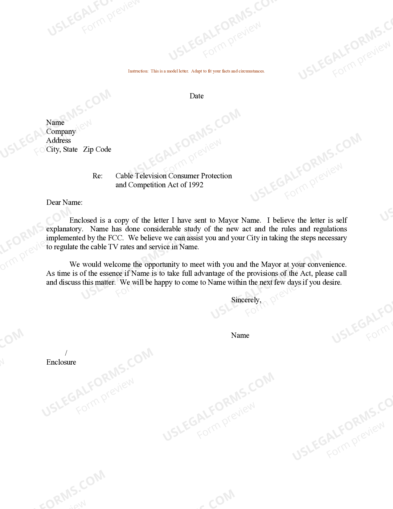 Sample Letter forwarding Letter to Municipality regarding Cable ...