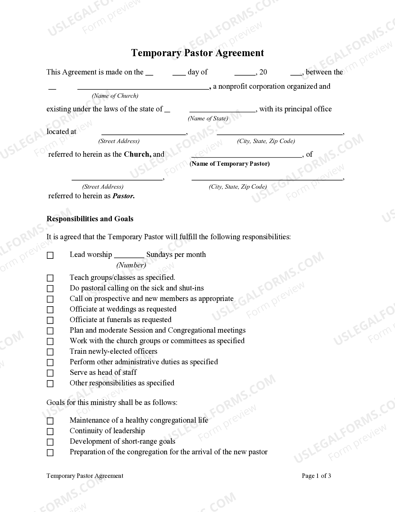 Washington Temporary Pastor Agreement - Temporary Agreement | US Legal ...