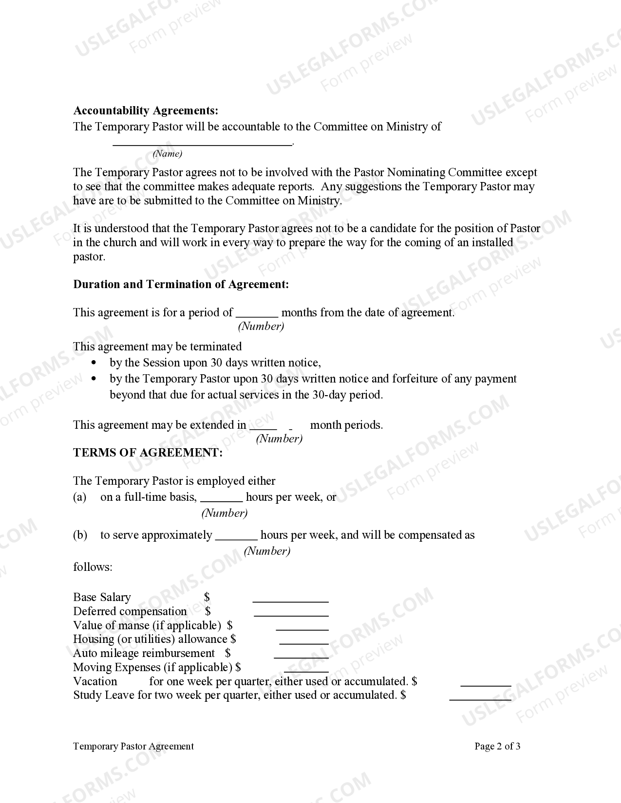 Washington Temporary Pastor Agreement - Temporary Agreement | US Legal ...