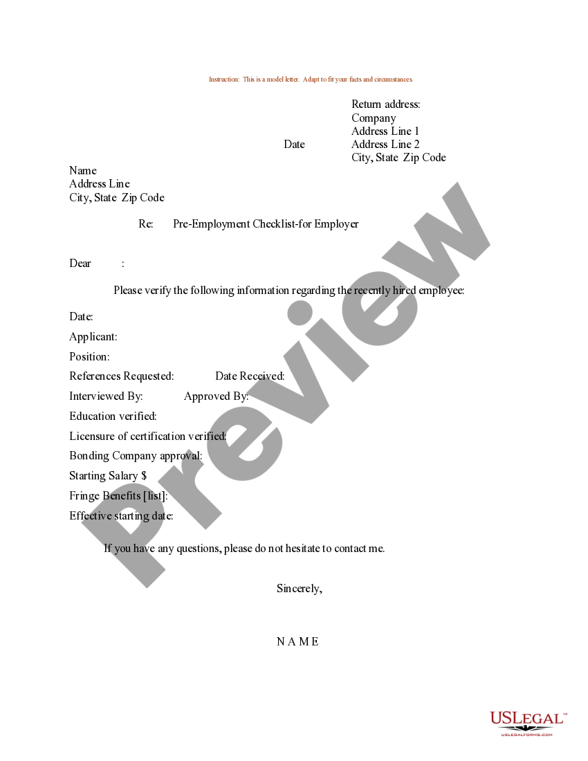Georgia Sample Letter For Pre Employment Checklist For Employer Pre 