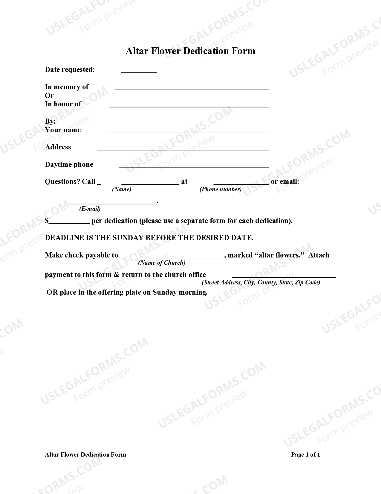 Altar Flower Dedication Form | US Legal Forms