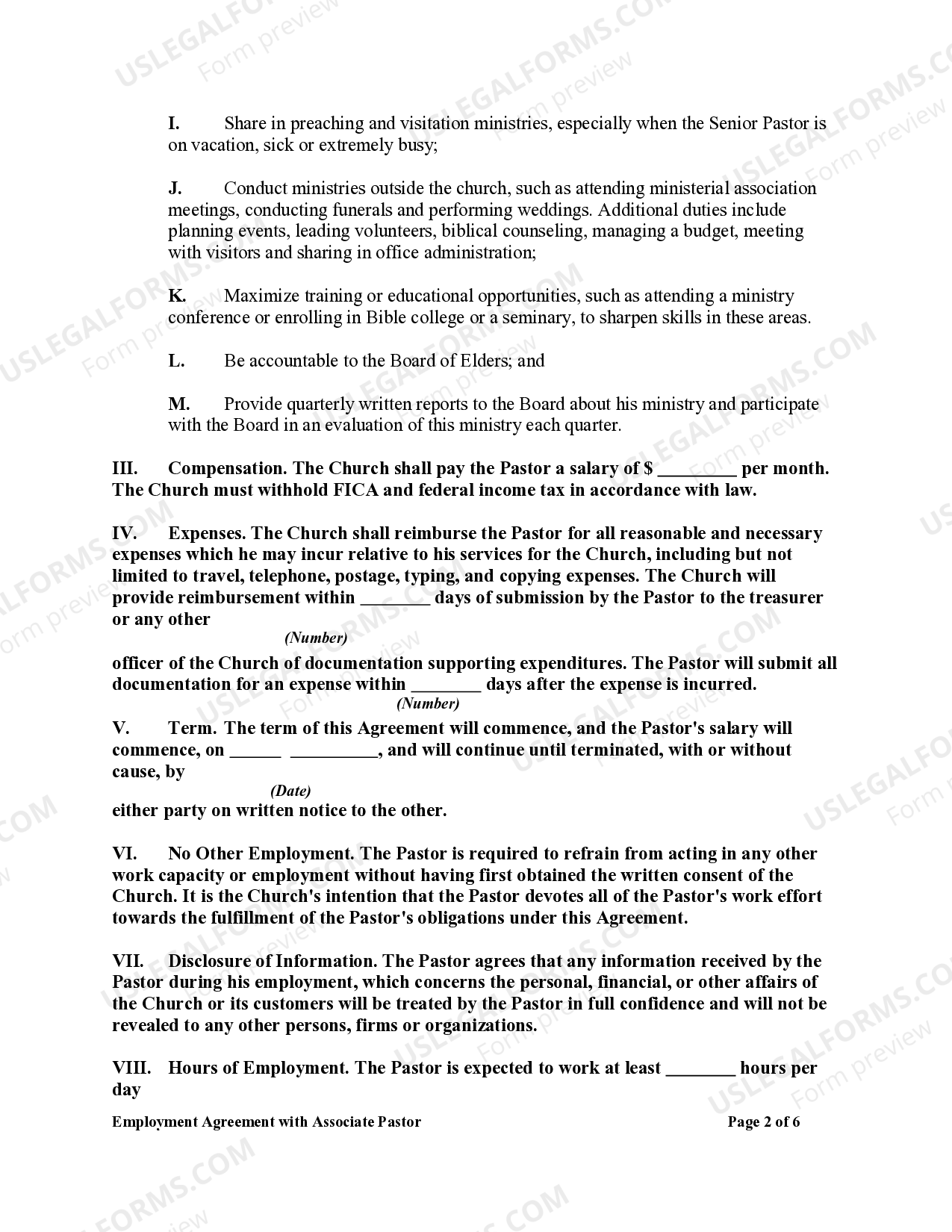 Virginia Employment Agreement with Associate Pastor - Pastor Form ...
