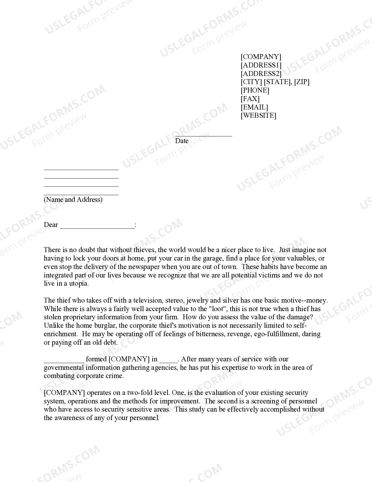 Sales Letter, Corporate Security | US Legal Forms