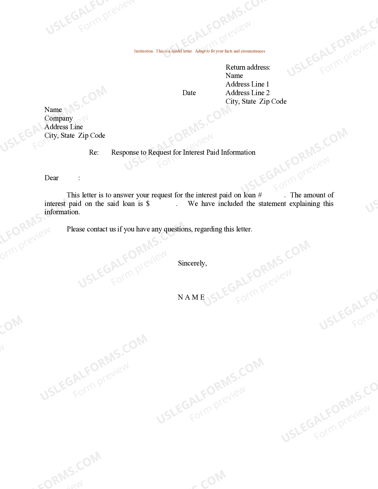 South Carolina Sample Letter for Response to Request for Interest Paid ...
