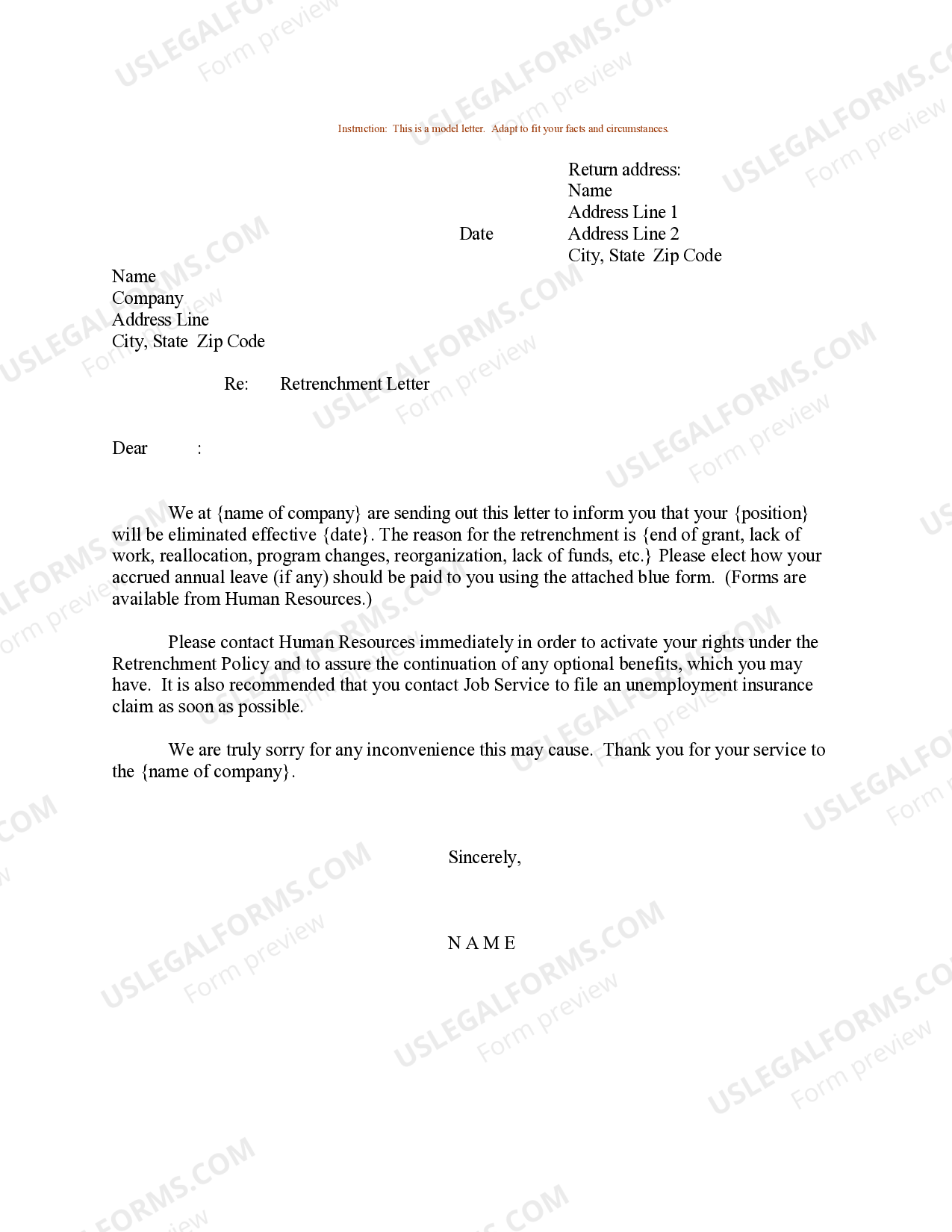 Ohio Sample Letter for Retrenchment Letter - Sample Letter | US Legal Forms