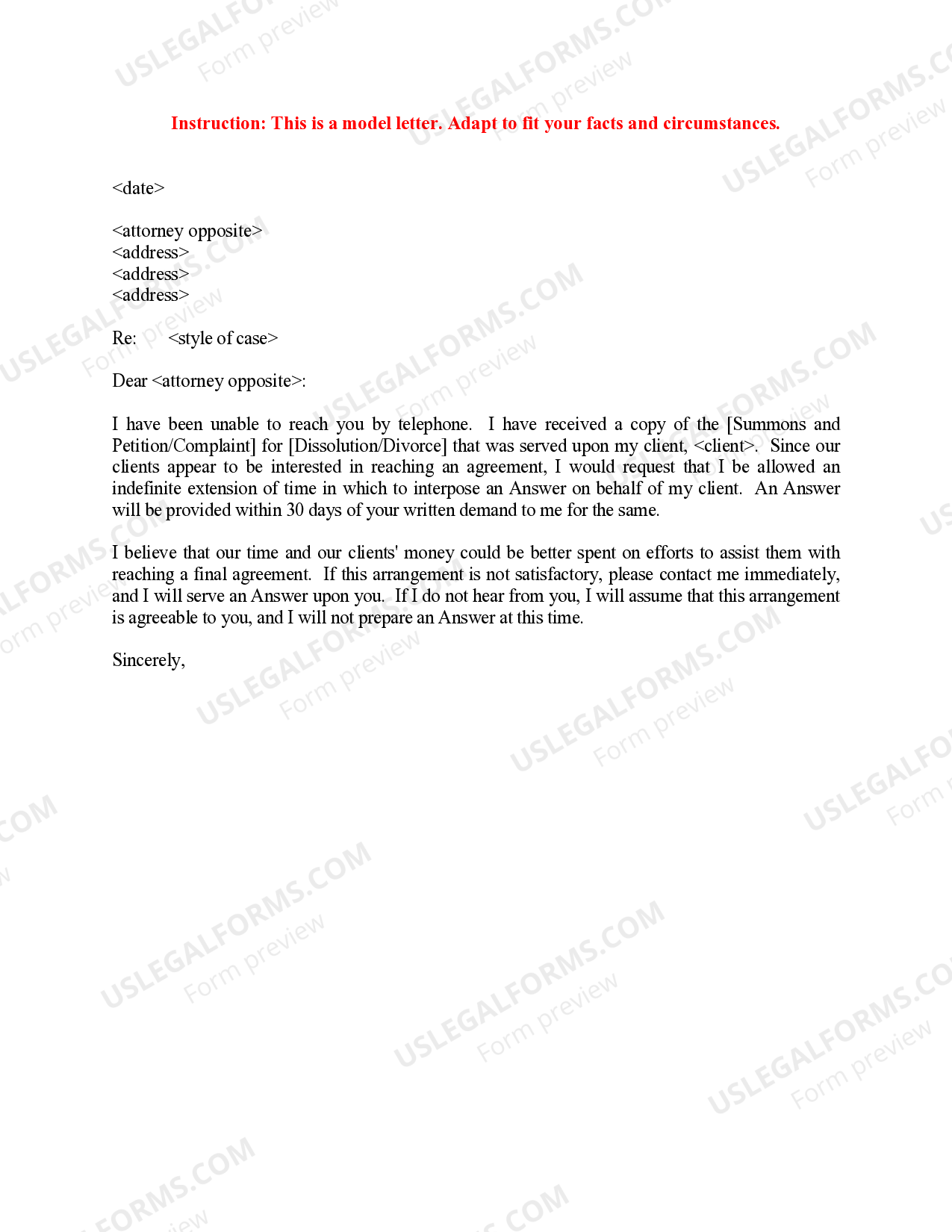 Sample Letter to Attorney Opposite regarding Delay of Answer pending ...