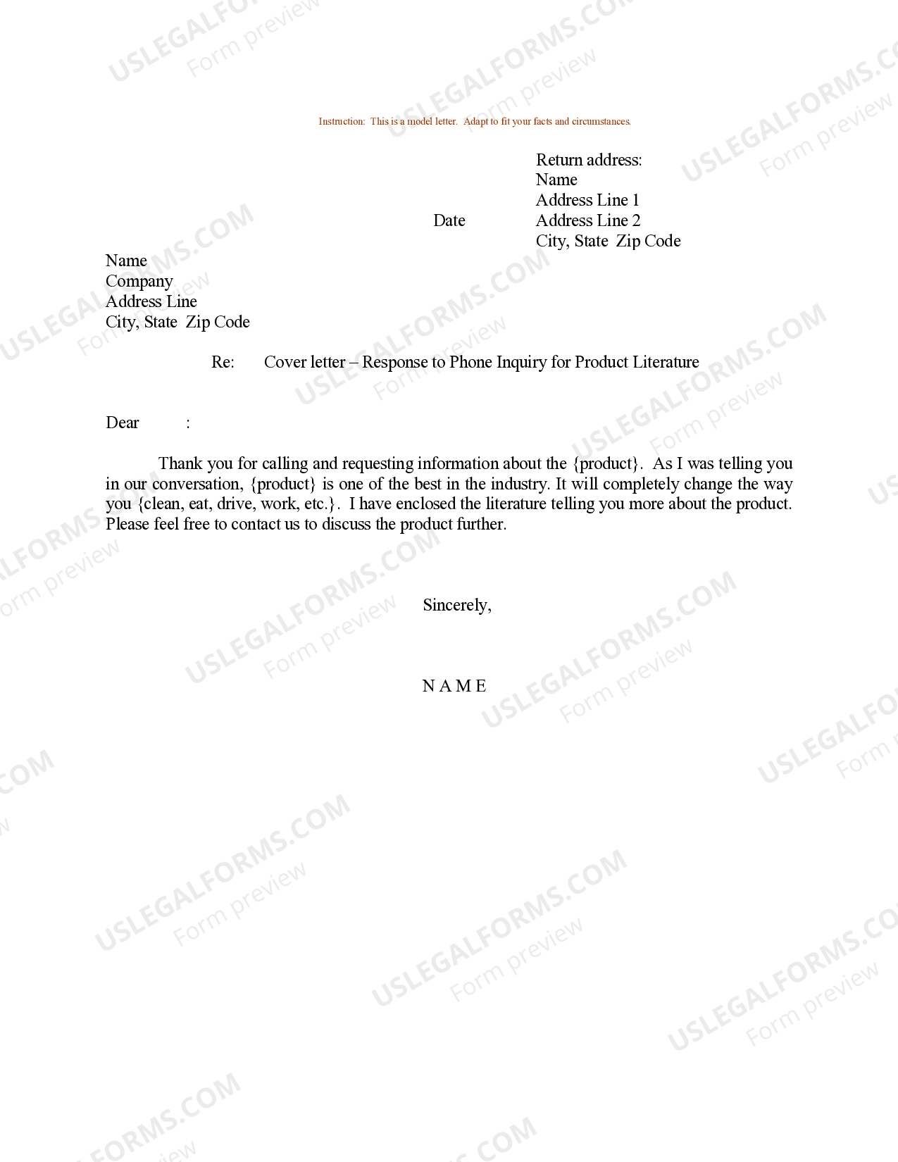 Florida Sample Letter for Response to Telephone Inquiry for Product ...