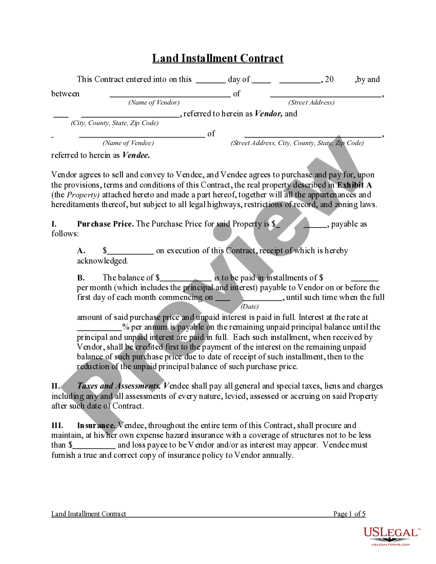 Washington Land Installment Contract Land Form Contract US Legal Forms