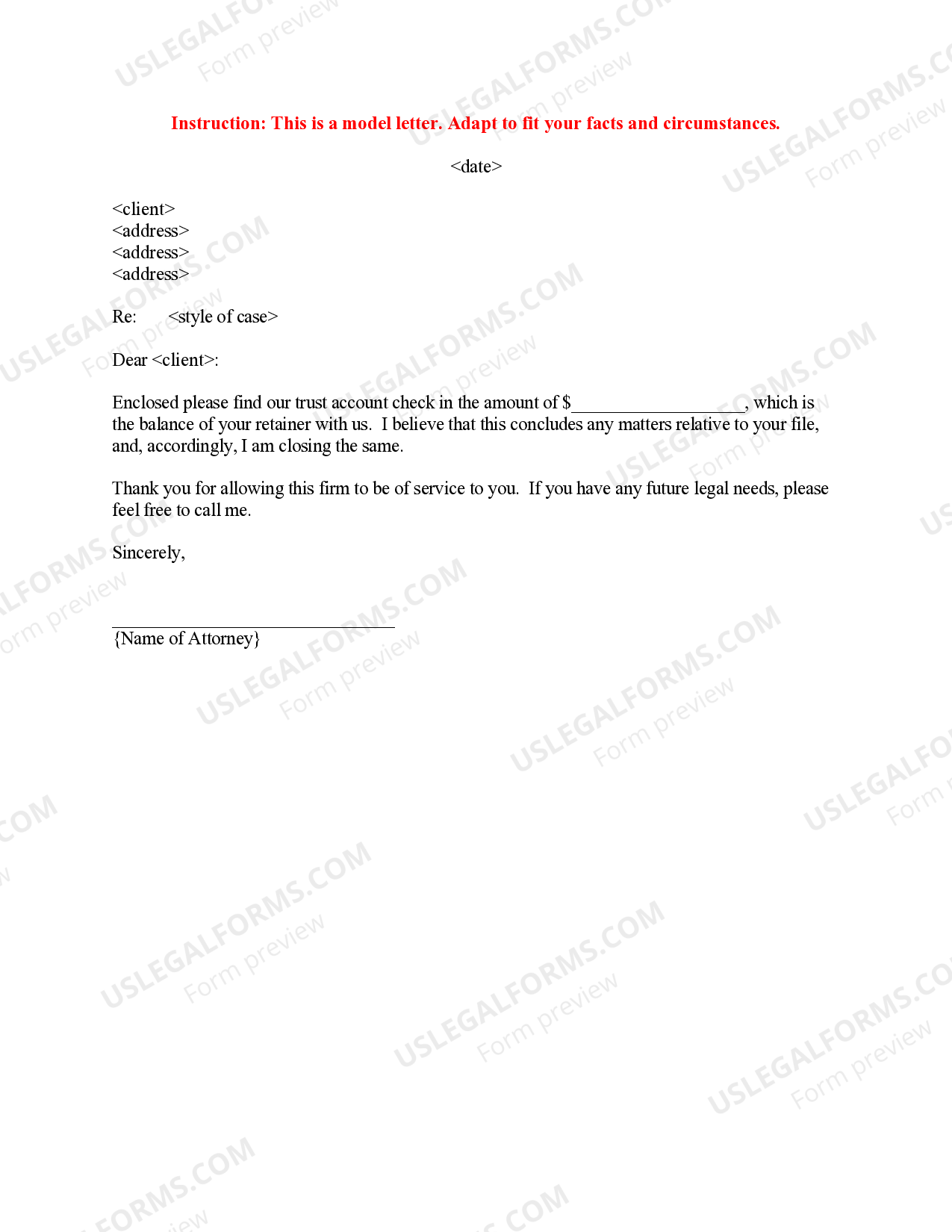 Sample Letter to Client regarding Refund of Balance of Retainer ...