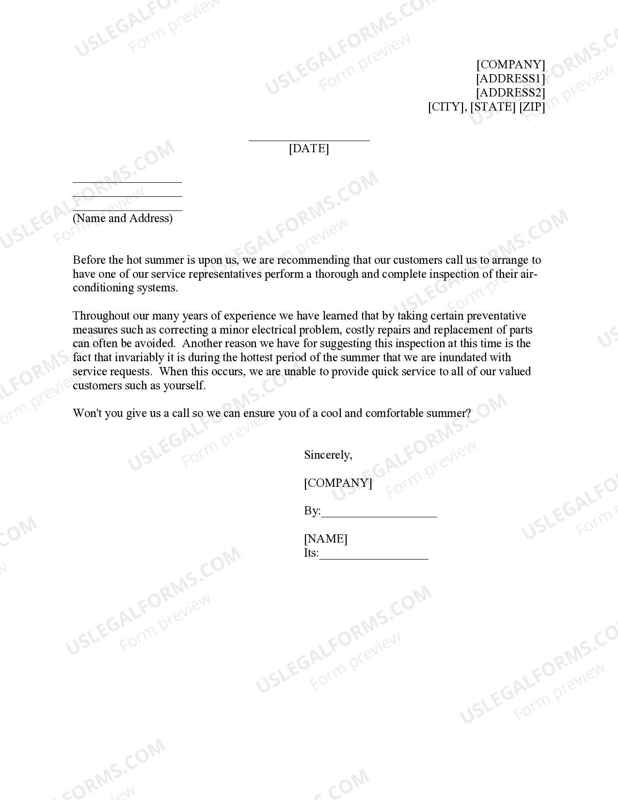 Sales Letter, Air Conditioning Service | US Legal Forms