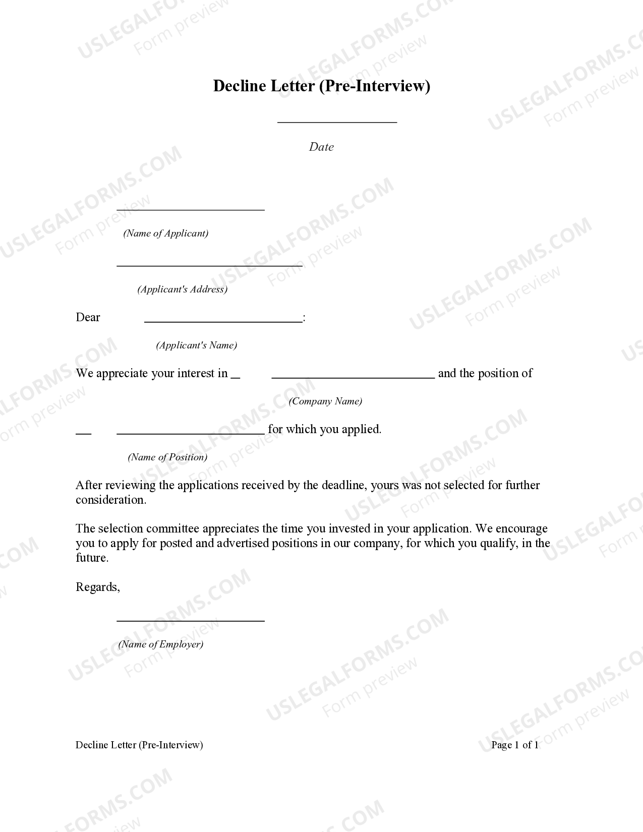 Wisconsin Pre-Interview Decline Letter - Bid Decline Letter | US Legal ...