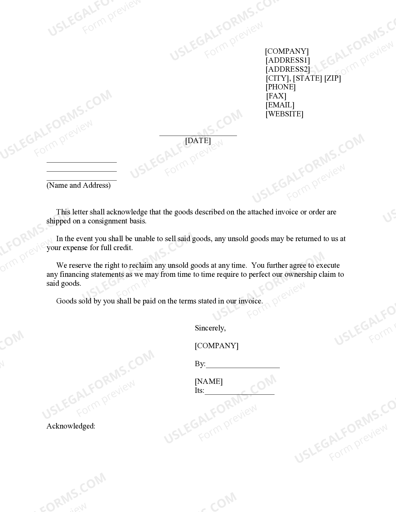 Sale on Consignment Acknowledgement | US Legal Forms