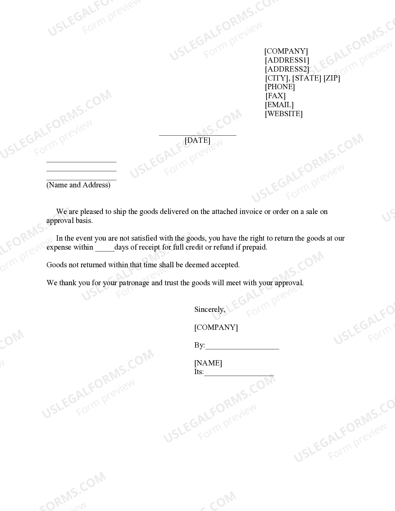 Sale on Approval Acknowledgement | US Legal Forms