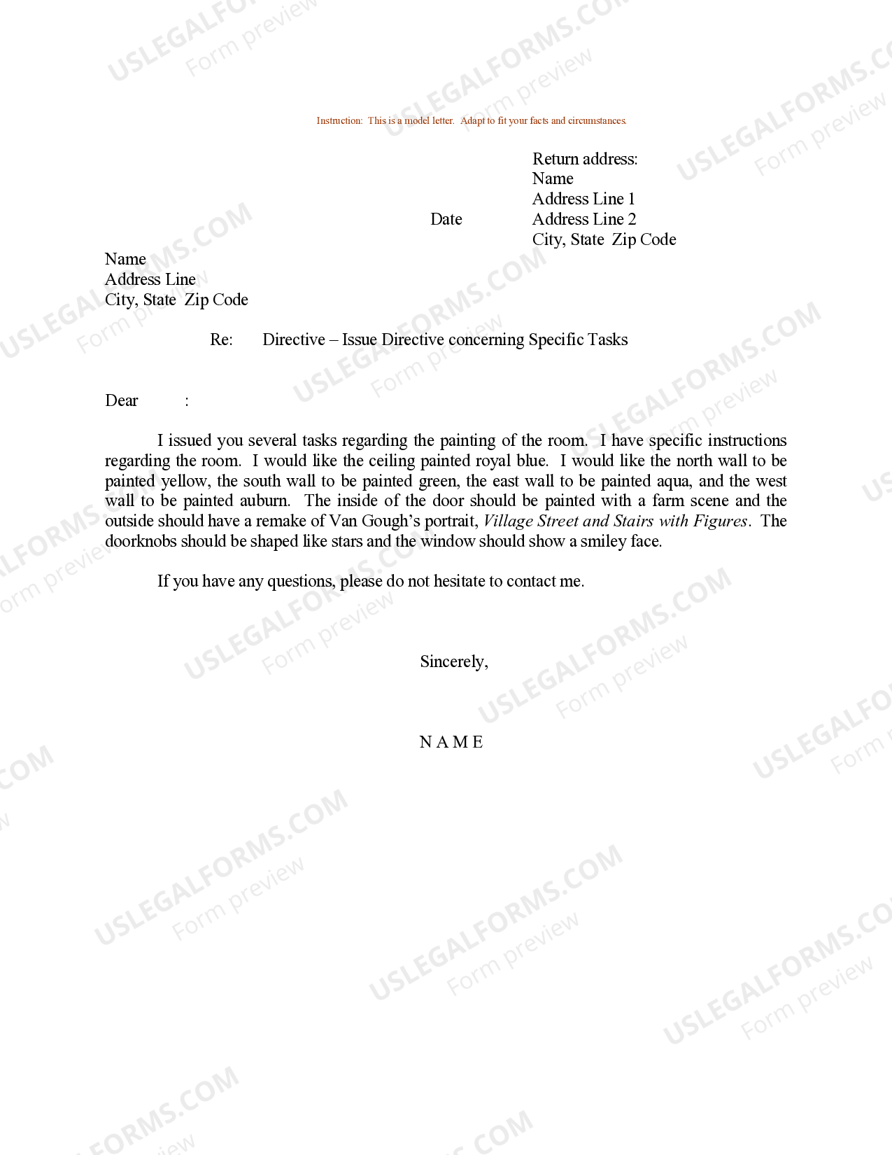 Sample Letter for Directive - Specific Tasks | US Legal Forms