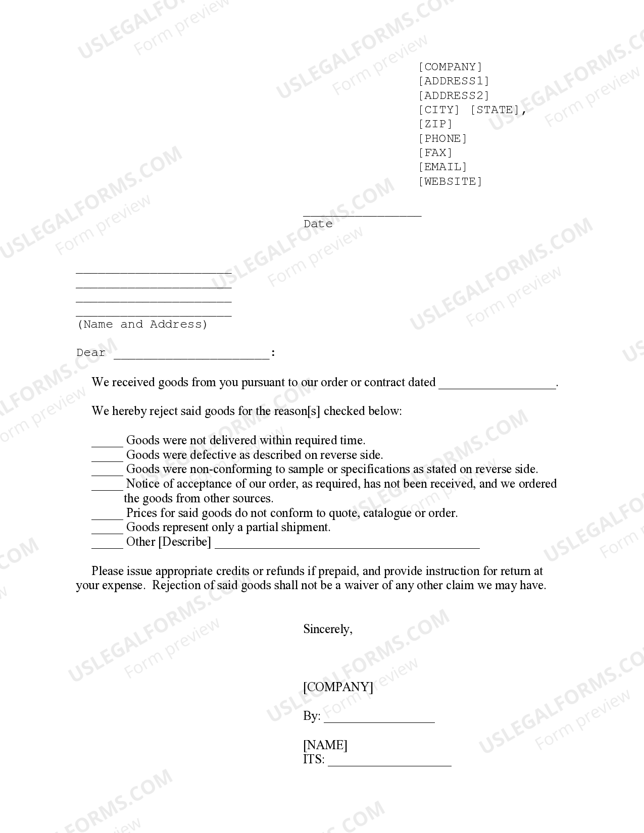 Notice of Rejection of Goods | US Legal Forms