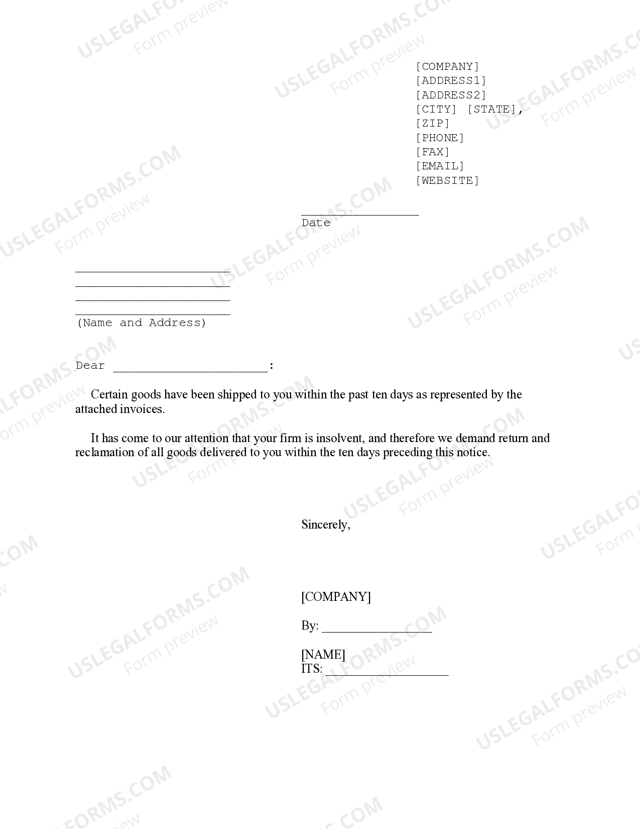 Notice of Reclamation | US Legal Forms