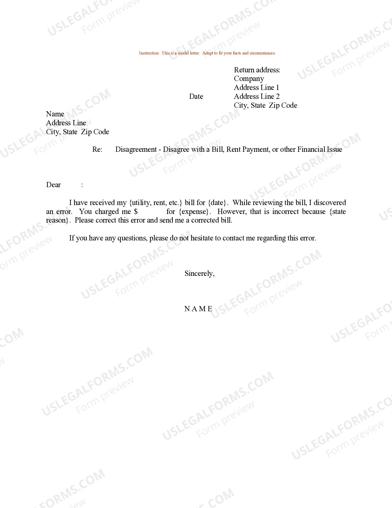 New York Sample Letter for Disagree with a Bill, Rent Payment - Rent ...