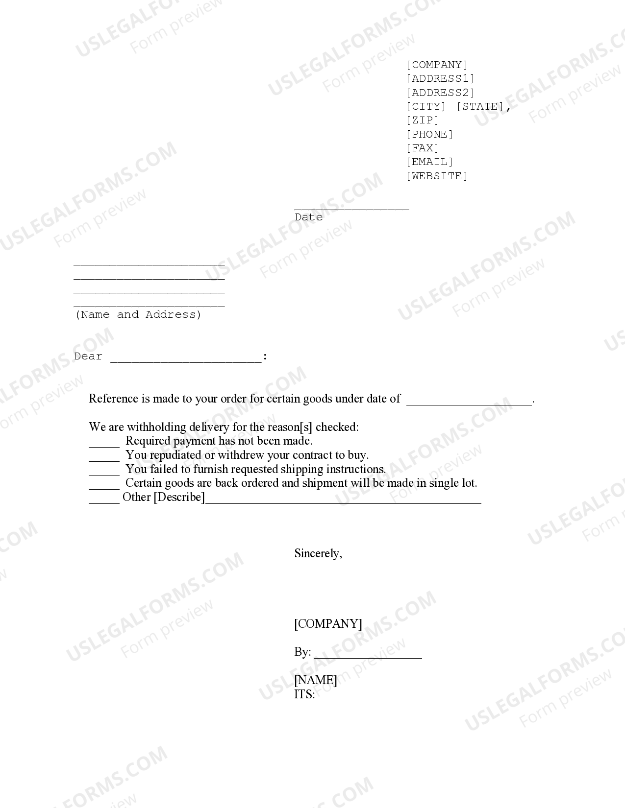 Notice of Withheld Delivery | US Legal Forms