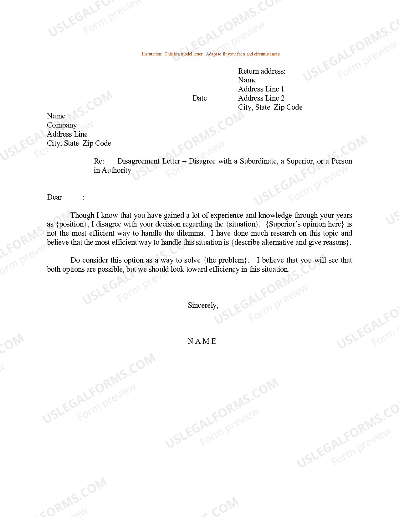 North Carolina Sample Letter for Disagreement with a Subordinate, a ...