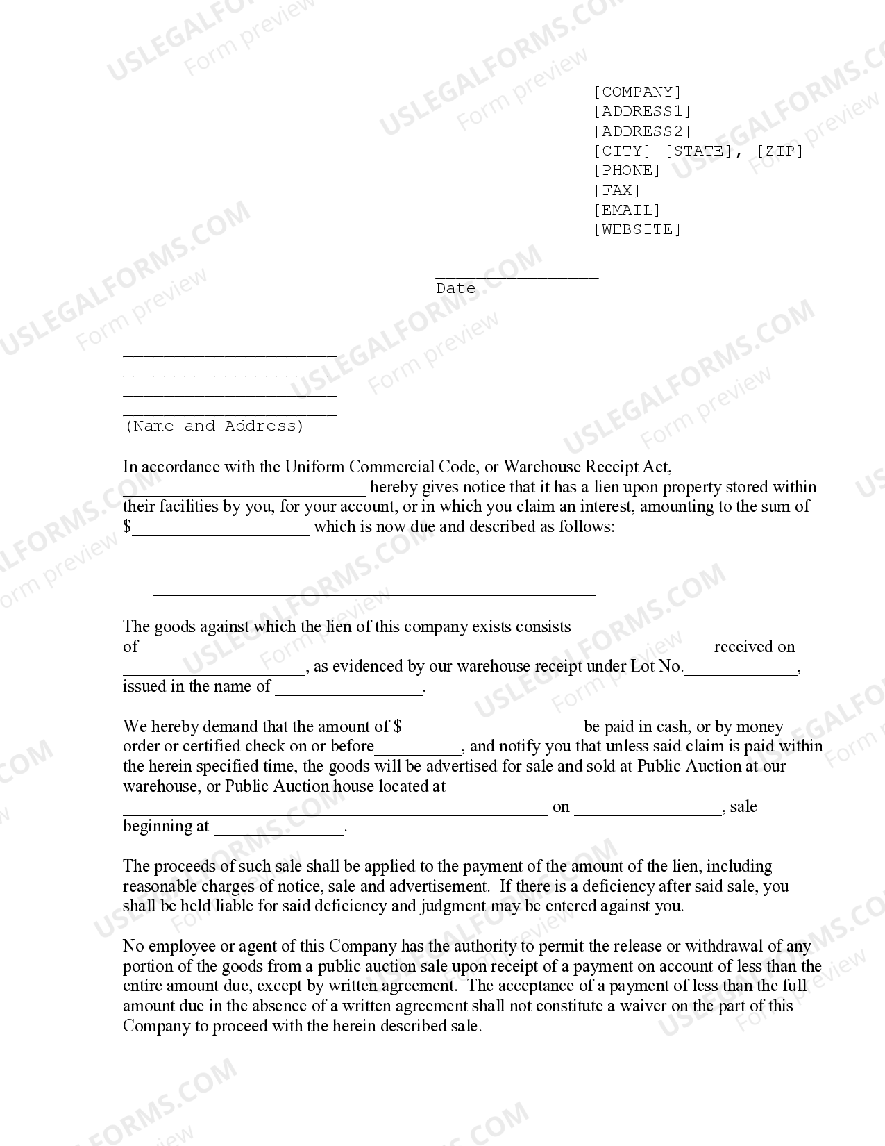 Notice of Intent to Exercise Warehouse Lien by Auction - Warehouse Lien ...