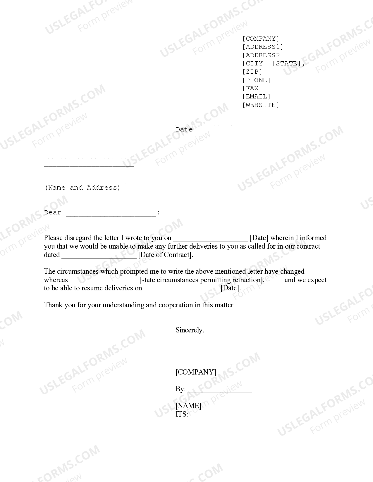 Notice to Disregard Letter Indicating Inability to Ship | US Legal Forms