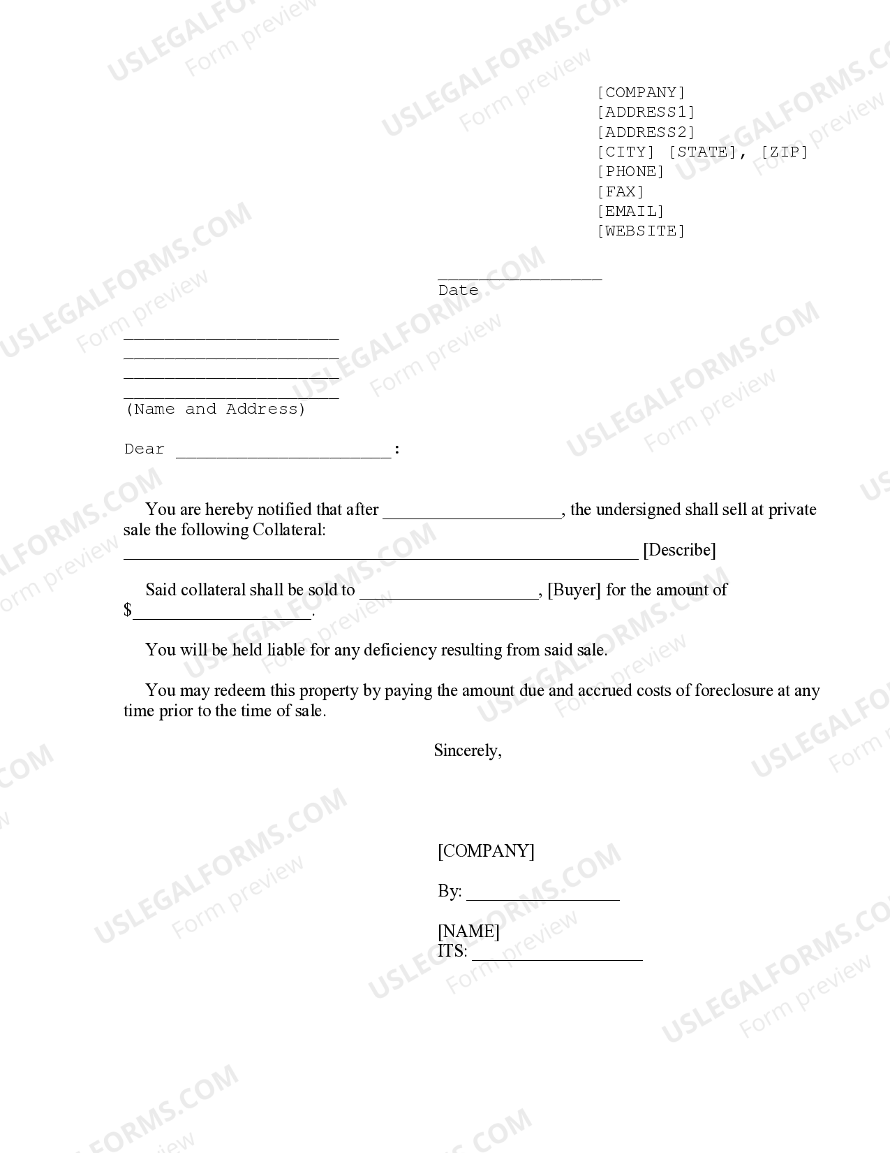 Notice of Private Sale of Collateral - Notice Sale Collateral | US ...