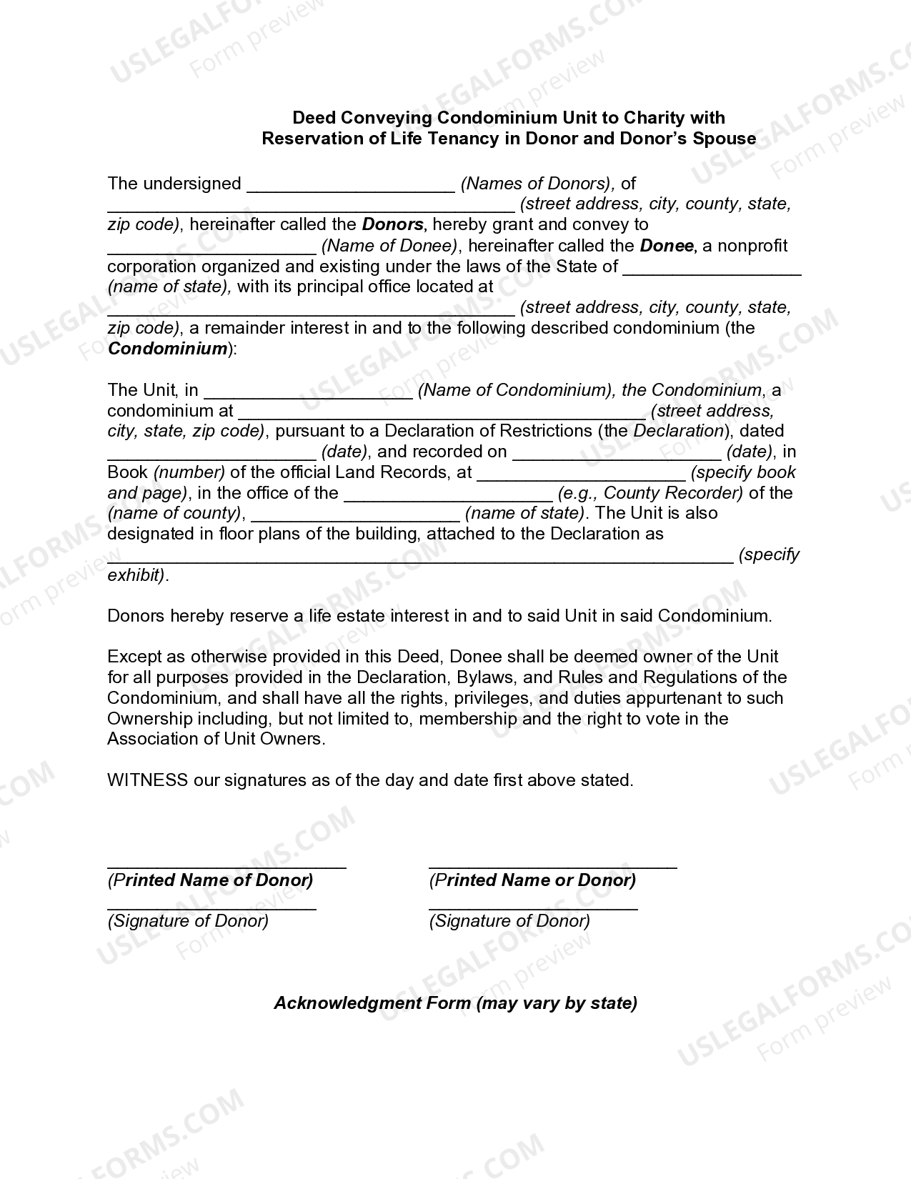 Deed Conveying Condominium Unit to Charity with Reservation of Life ...
