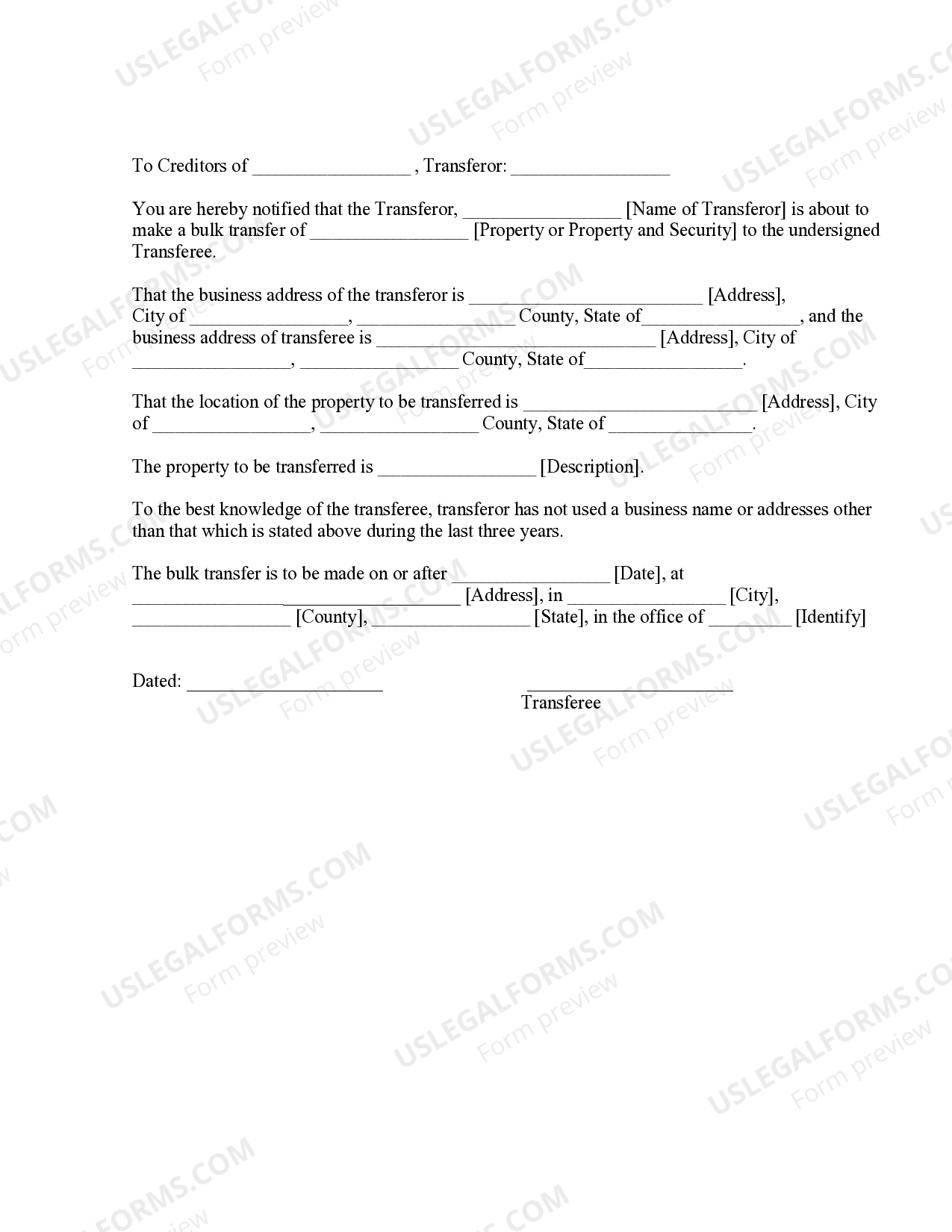 Notice of Bulk Transfer Form | US Legal Forms