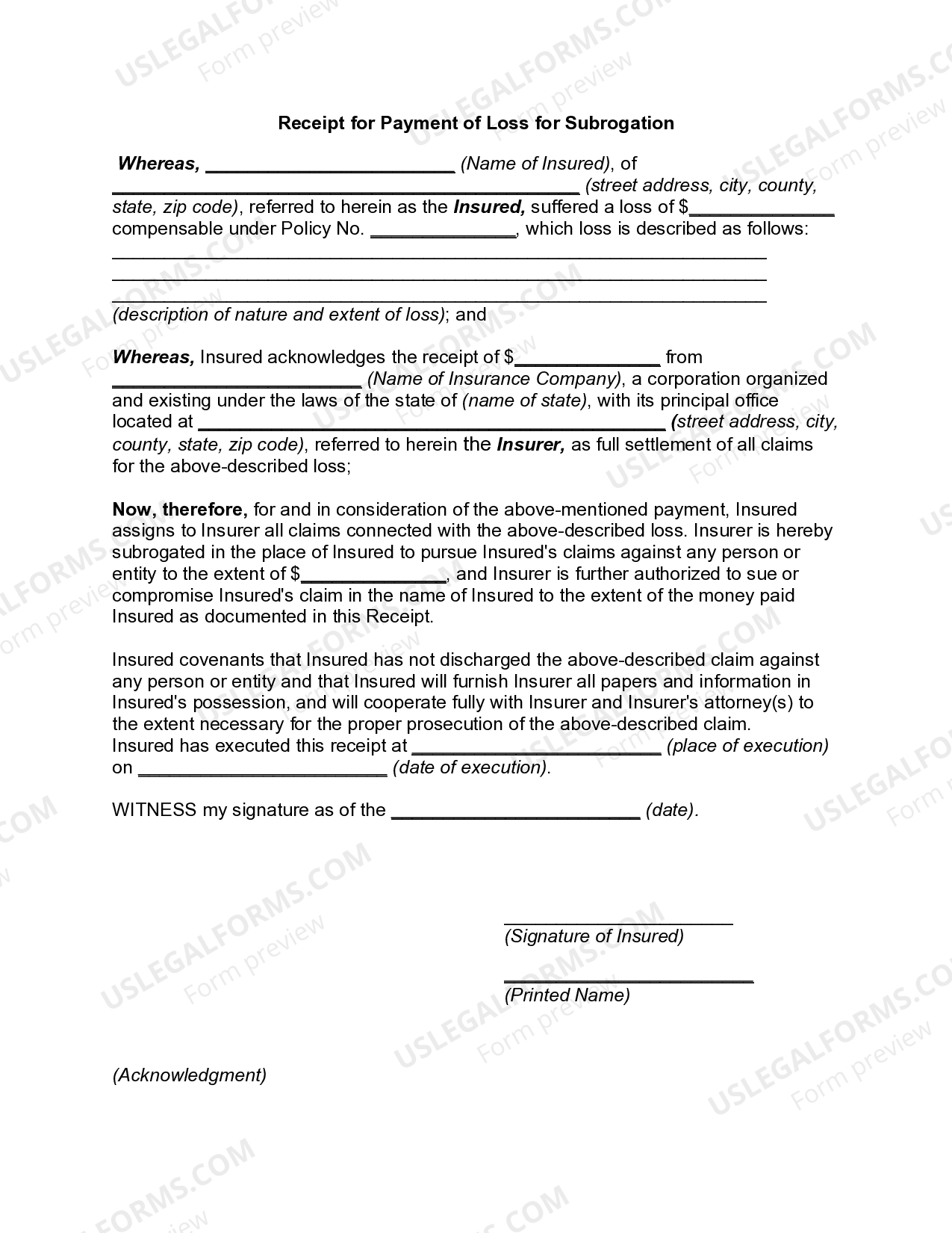 Receipt for Payment of Loss for Subrogation - Payment Subrogation ...