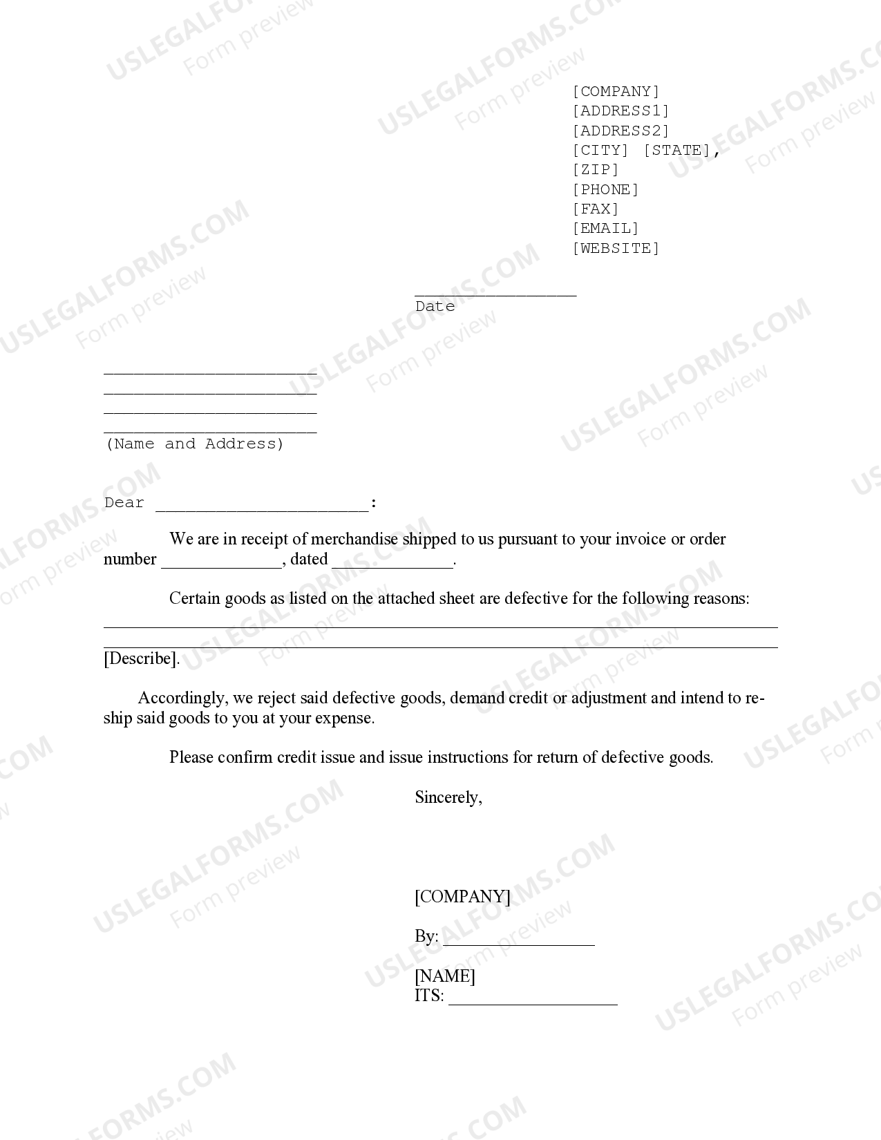 Notice of Defective Goods | US Legal Forms