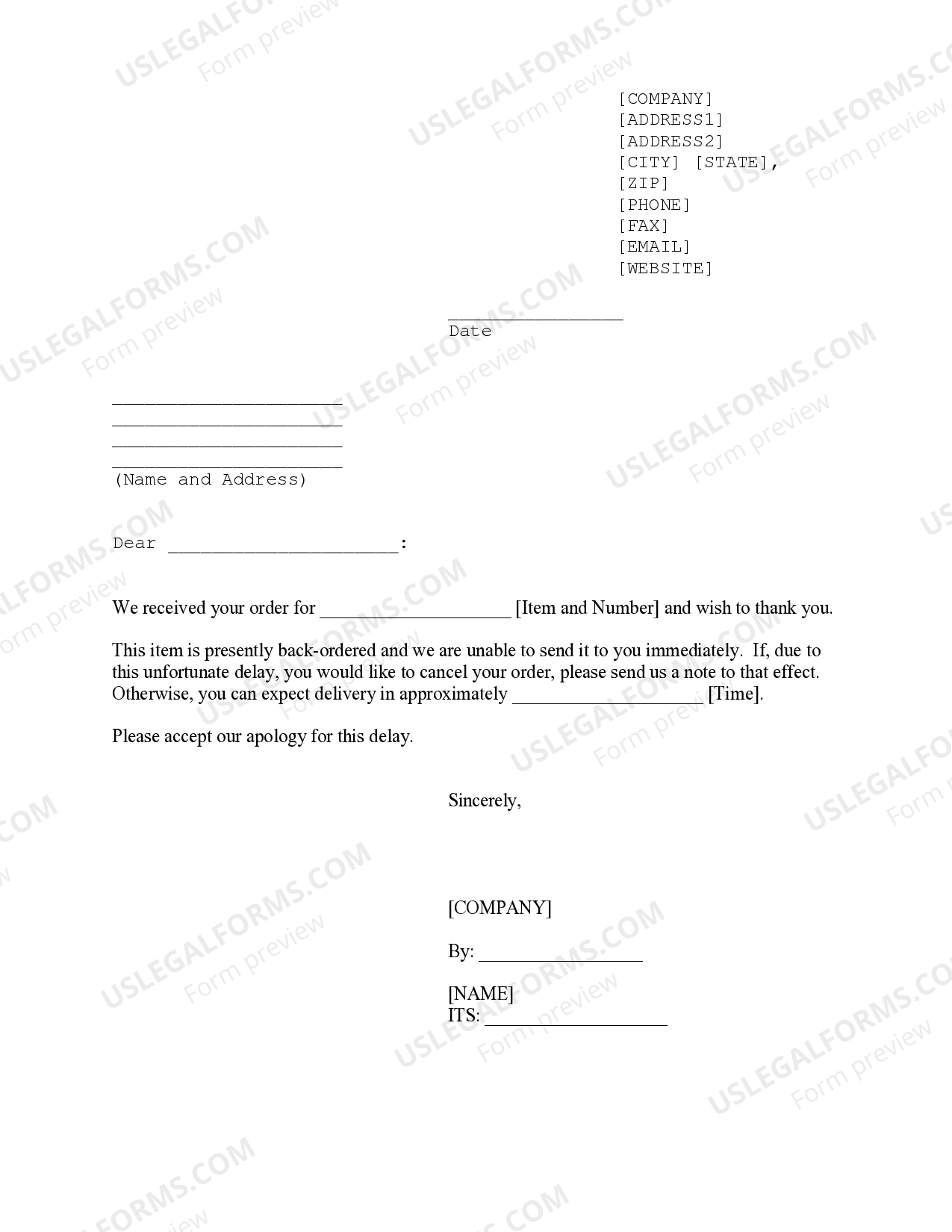 Notice of Back Ordered Item Letter | US Legal Forms