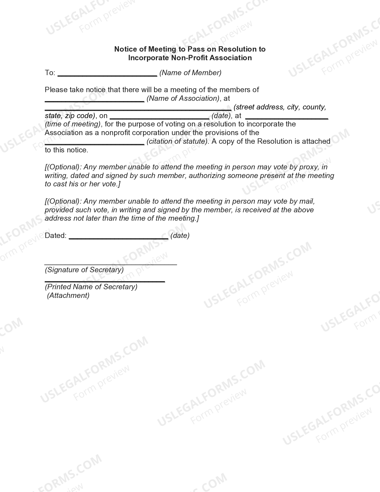 Utah Notice of Meeting to Pass on Resolution to Incorporate Non-Profit ...