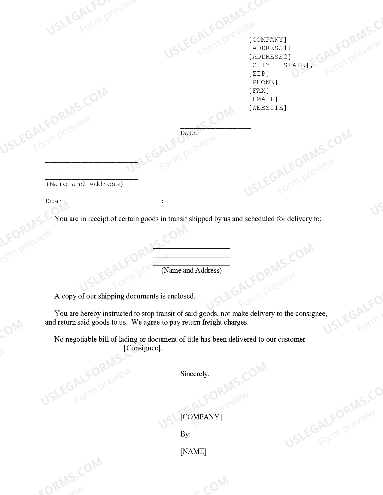 Notice to Stop Goods In Transit | US Legal Forms