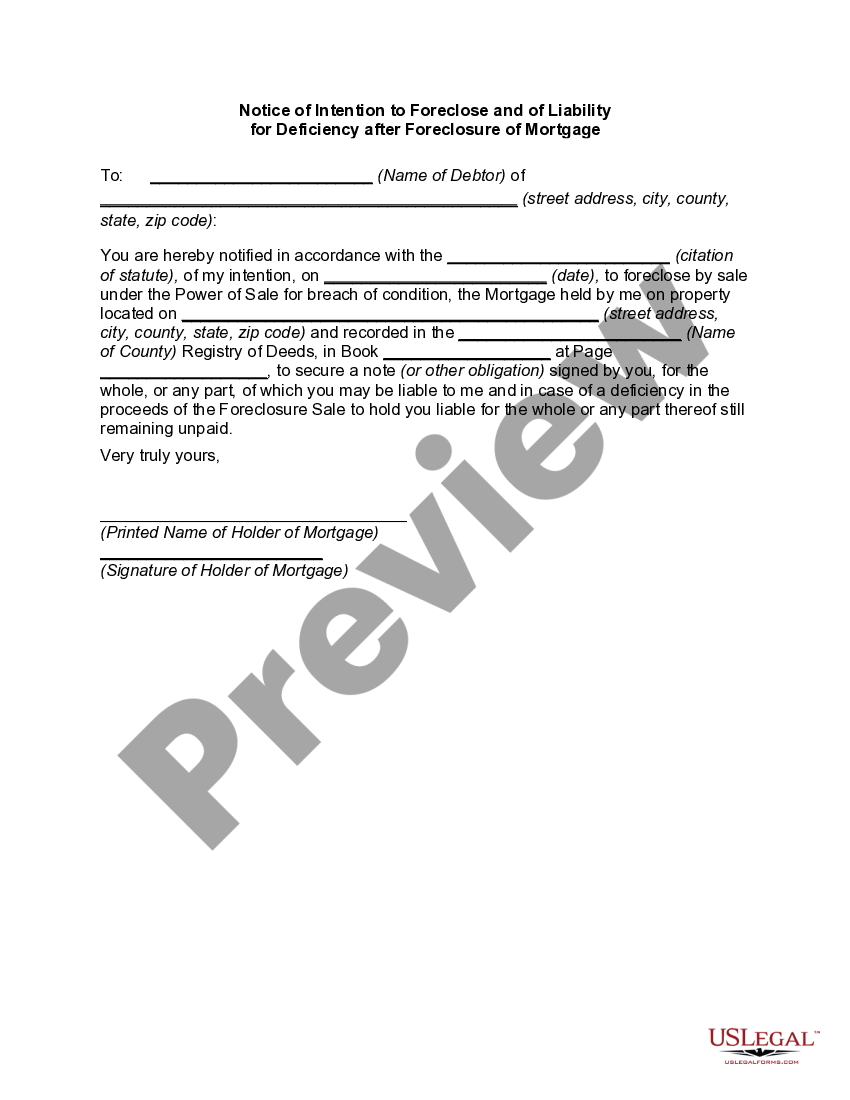 Notice Of Intention To Foreclose And Of Liability For Deficiency After 