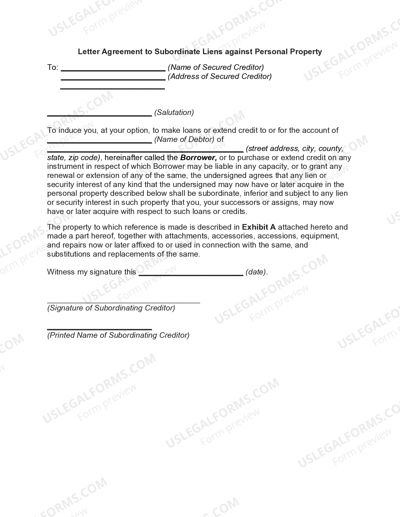 Letter Agreement to Subordinate Liens against Personal Property ...