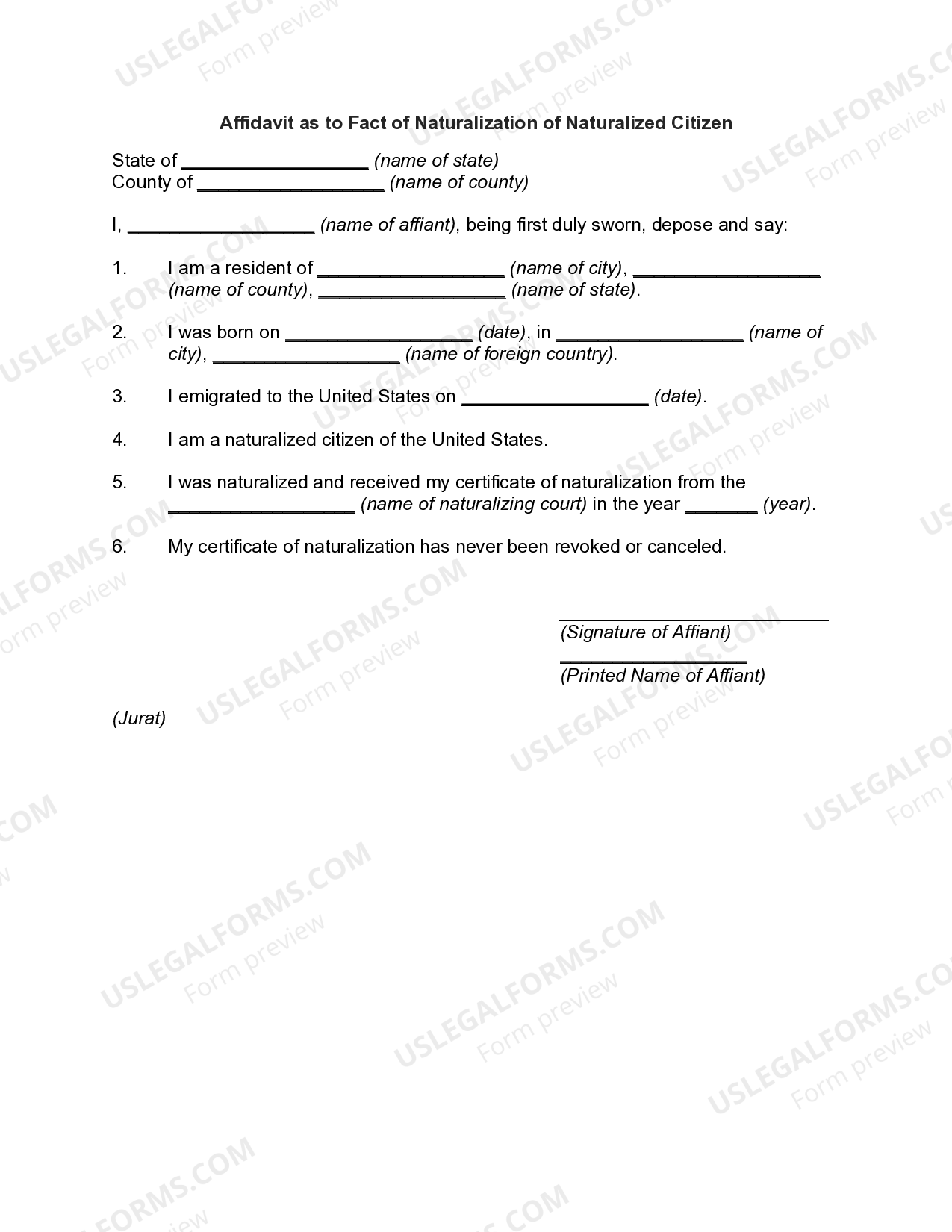Tennessee Affidavit as to Fact of Naturalization of Naturalized Citizen ...