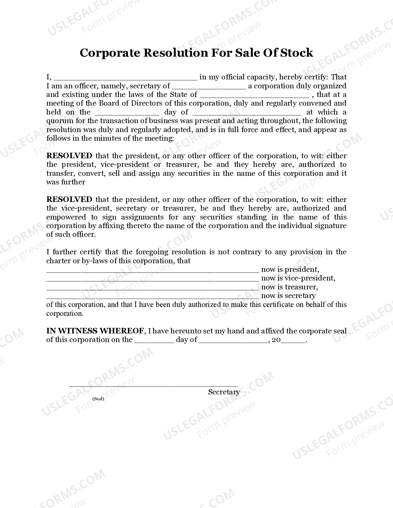 Oklahoma Corporate Resolution For Sale of Stock - Corporate Resolution ...
