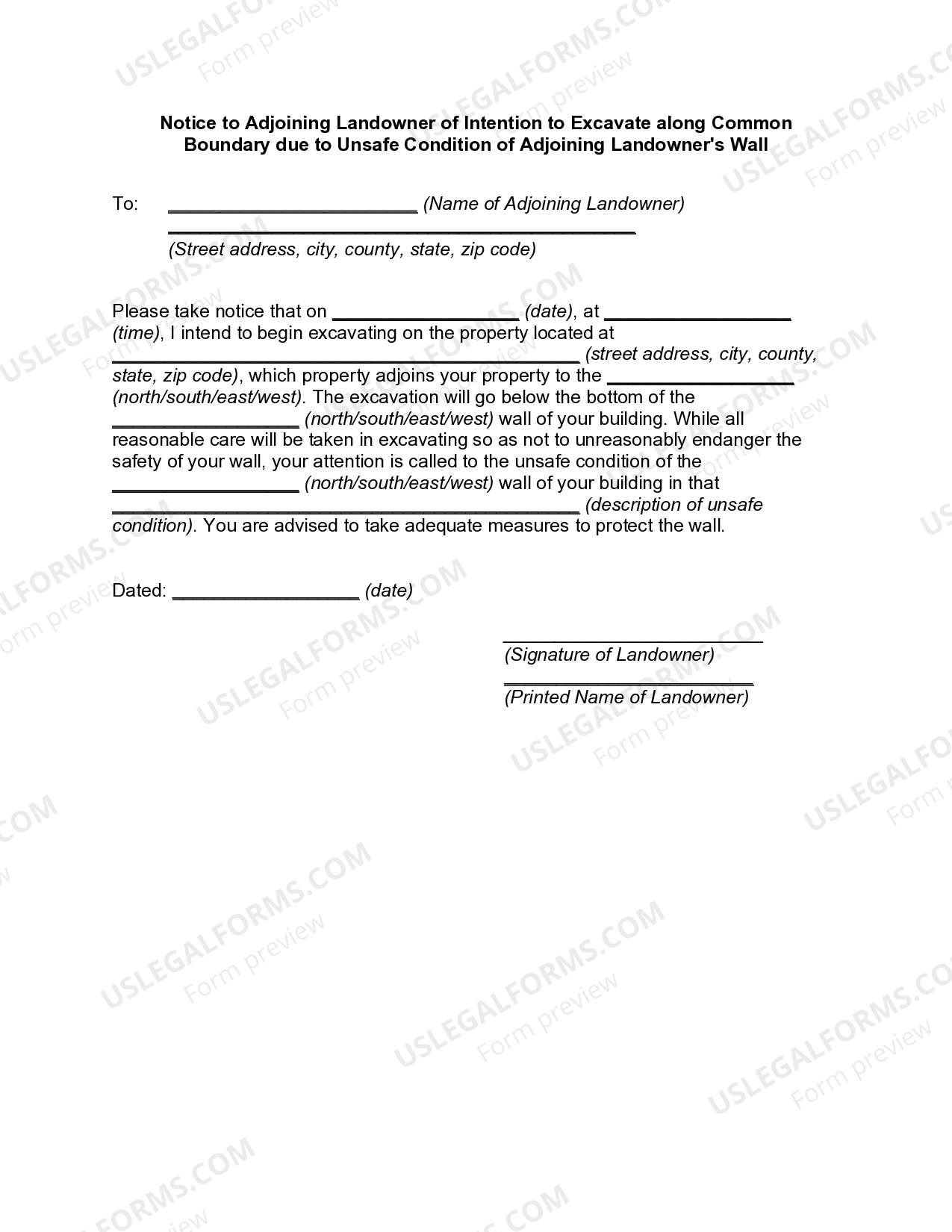 Louisiana Notice to Adjoining Landowner of Intent to Excavate along ...