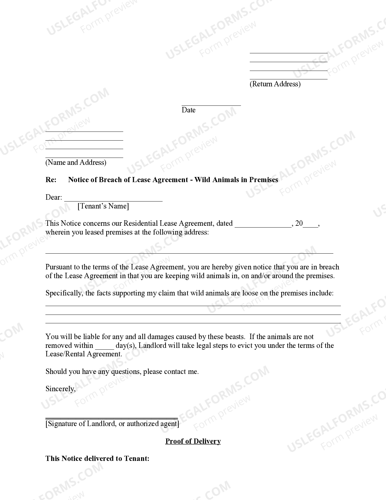 Letter from Landlord to Tenant as Notice to Remove Wild Animals in ...