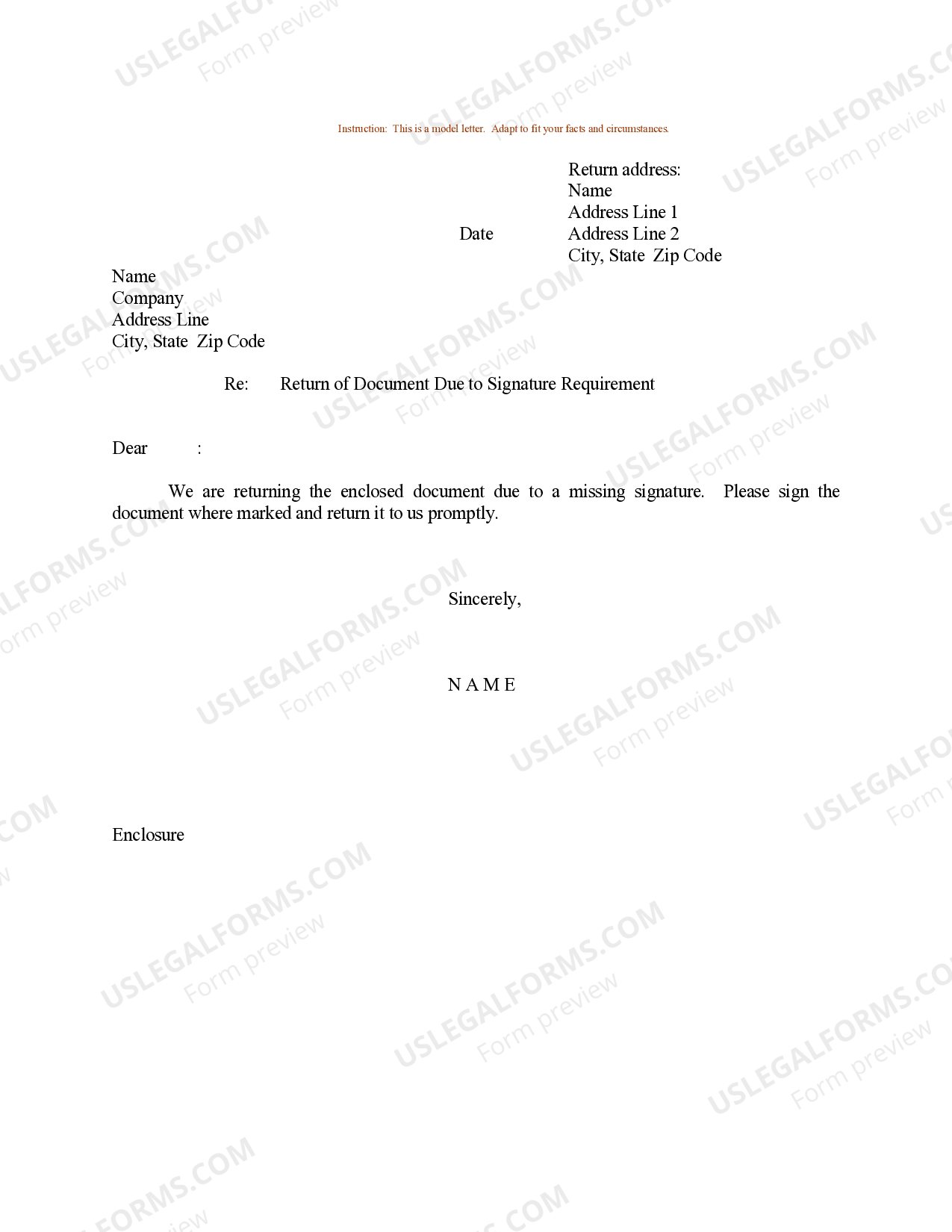 Illinois Sample Letter for Return of Document Due to Signature ...