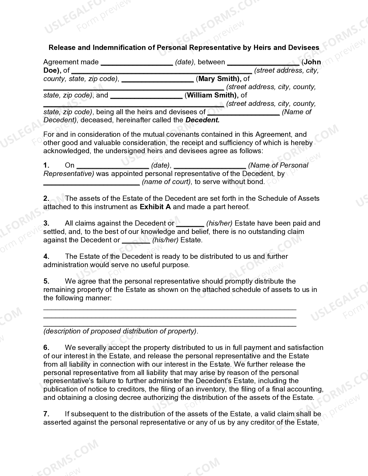 Release and Indemnification of Personal Representative by Heirs and Devisees - Personal ...