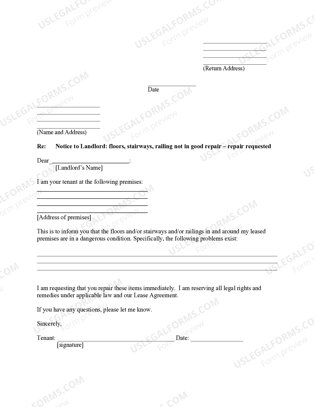 Letter from Tenant to Landlord with Demand that Landlord Repair Floors ...