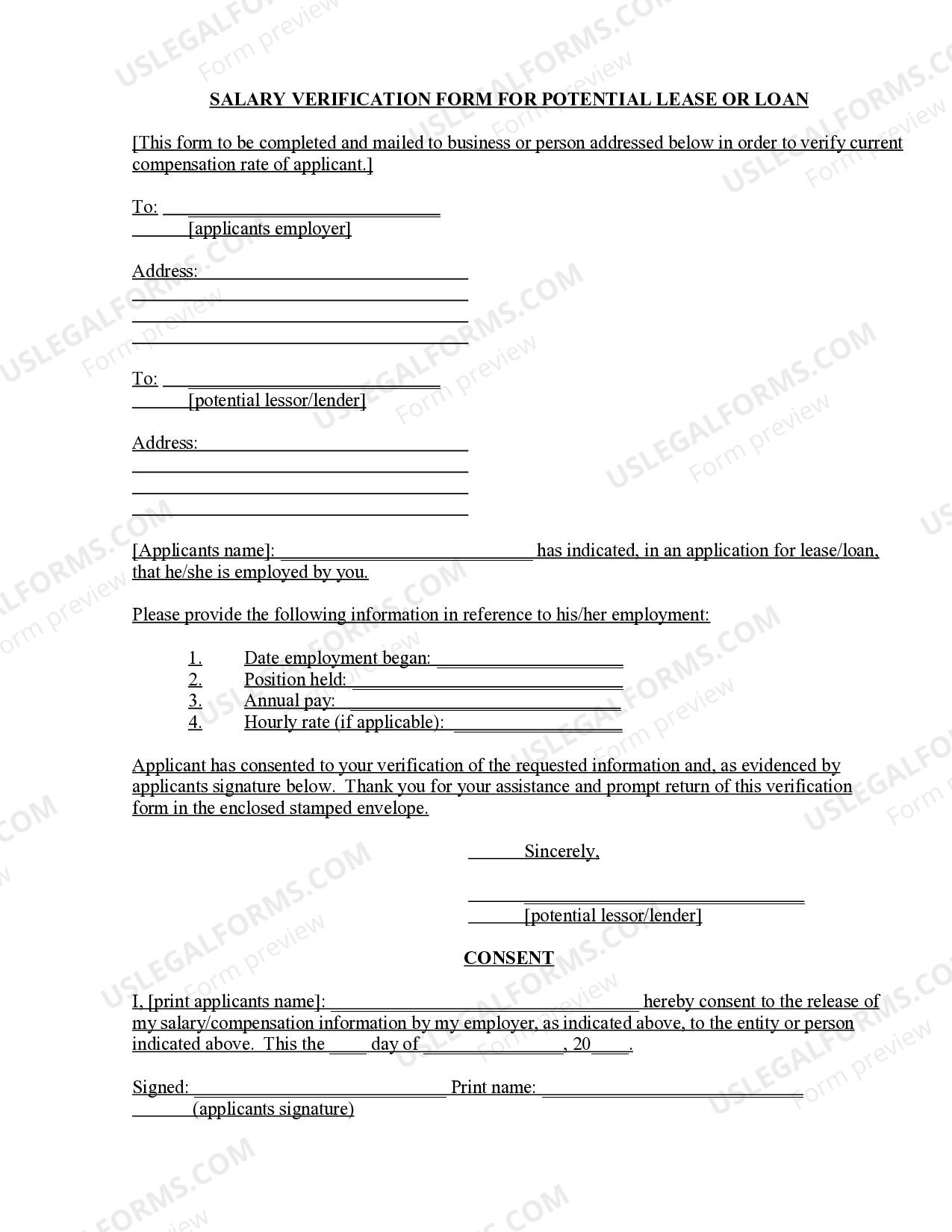 Salary Verification form for Potential Lease - Verification Form | US ...