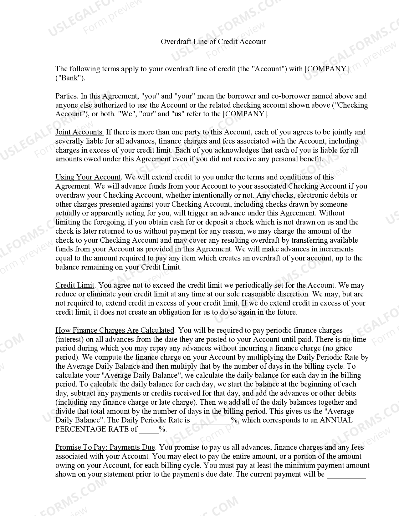 Overdraft Agreement With Bank US Legal Forms