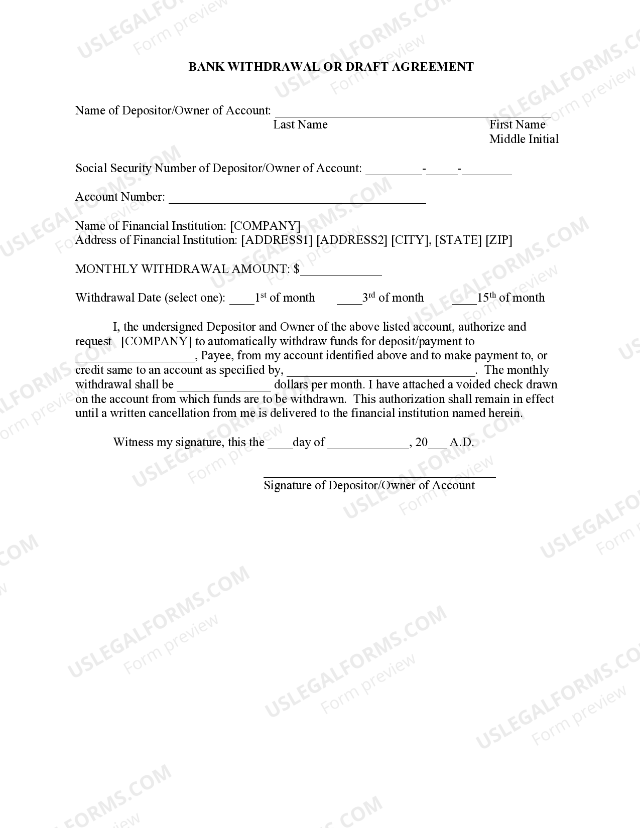 Bank Withdrawal or Draft Agreement | US Legal Forms
