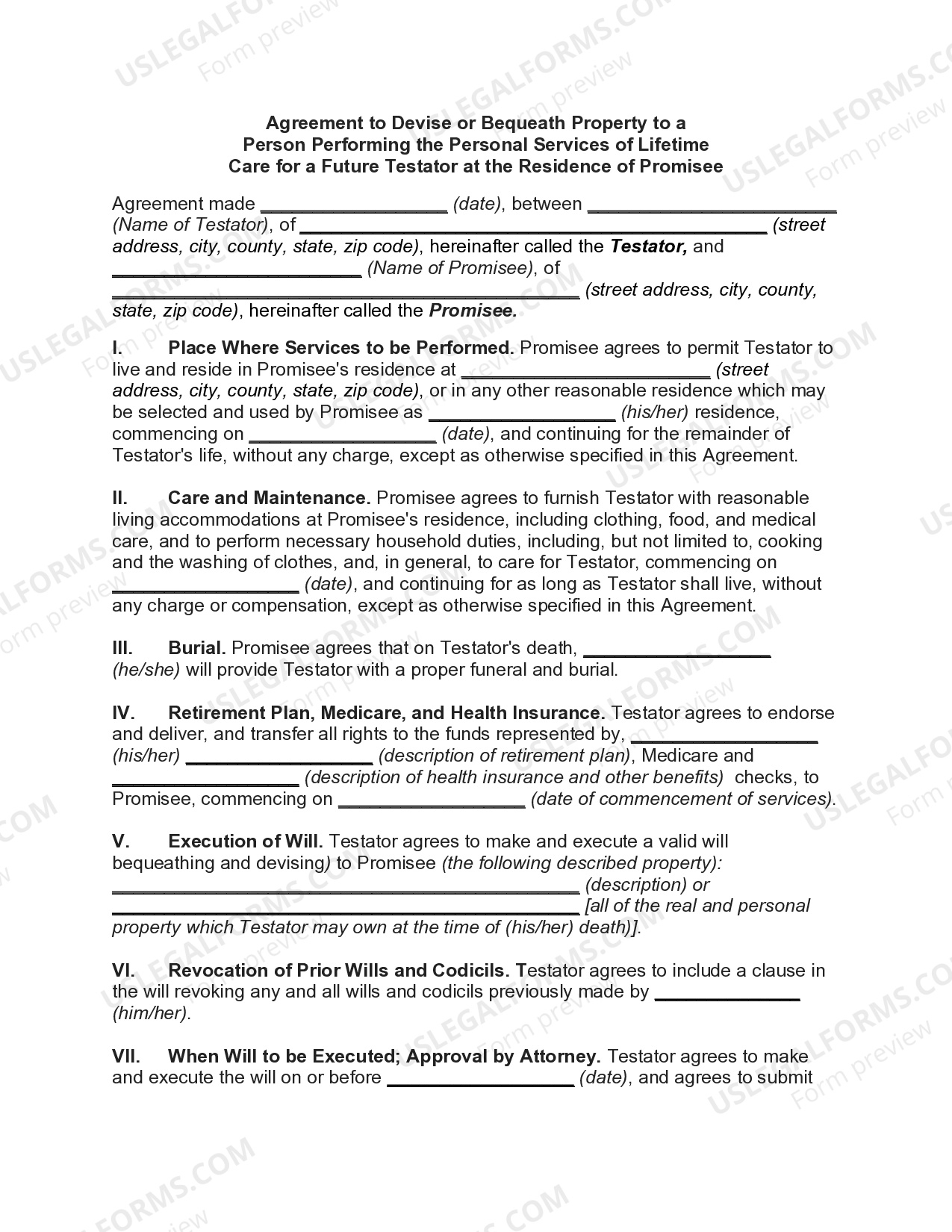 Florida Agreement to Devise or Bequeath Property to a Person Performing ...