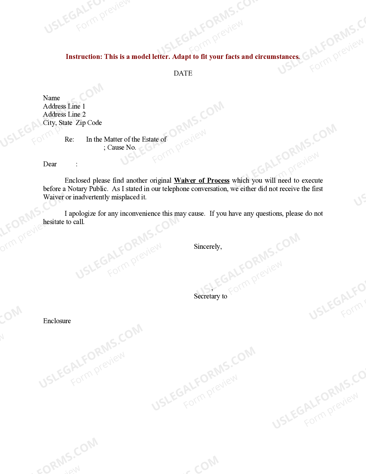 Sample Letter for Waiver of Process (Non - Waiver Letter Sample | US ...